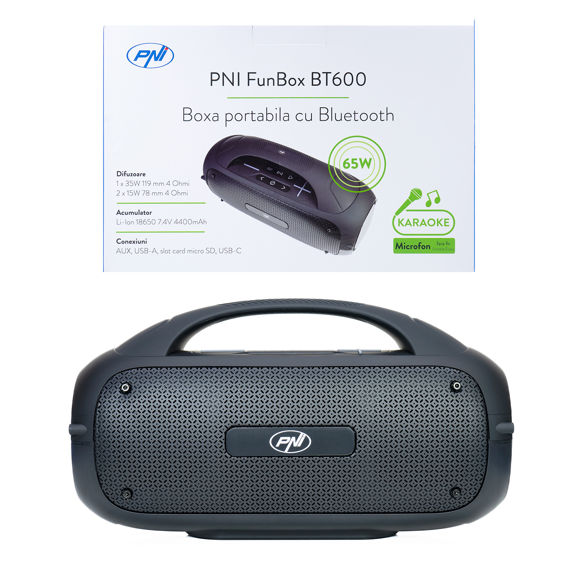 Boxa portabila PNI FunBox BT600, BT, 65W, MP3, USB, microfon fara fir ...